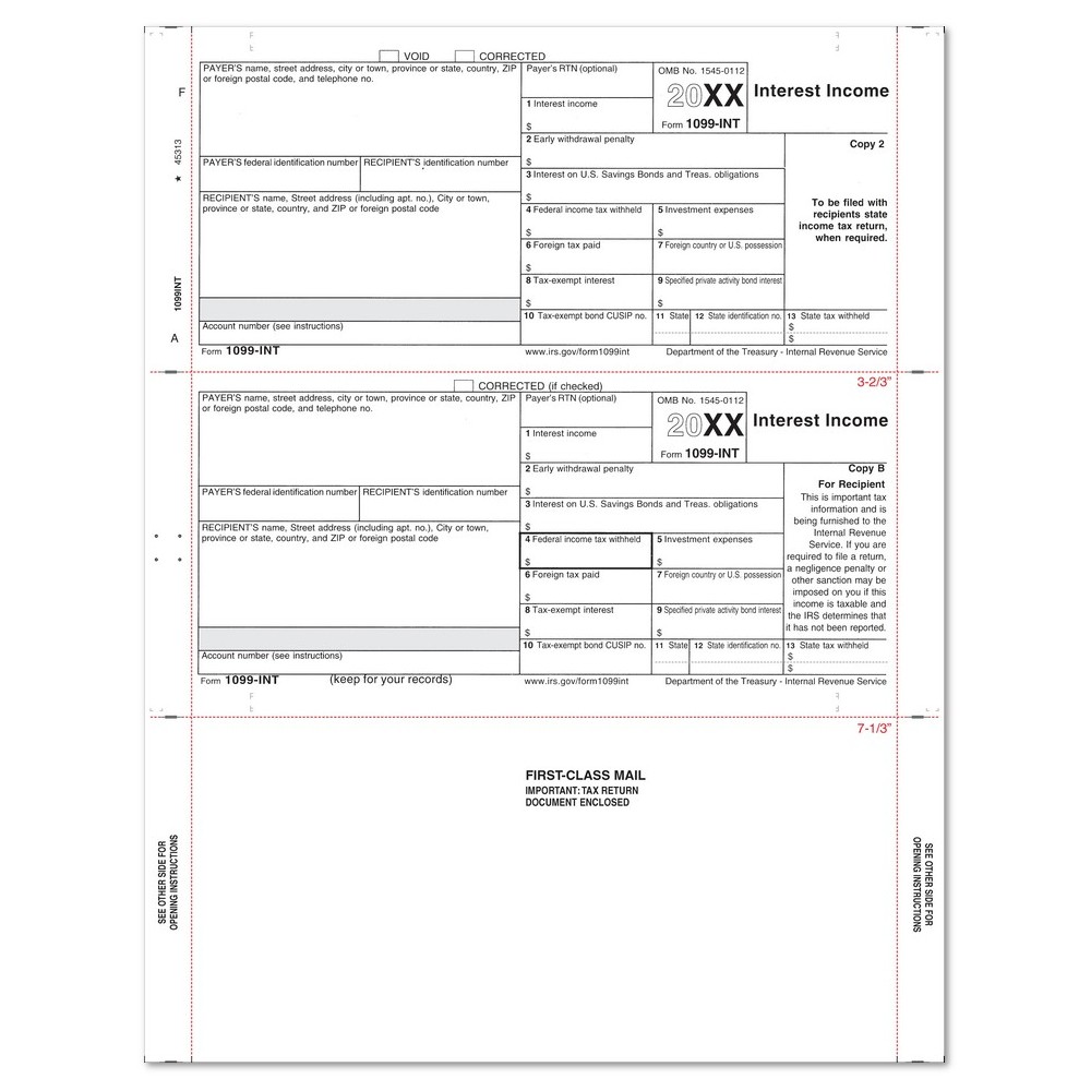 8-1/2" x 11" Z Fold 1099 Int Tax Forms (Box of 500)