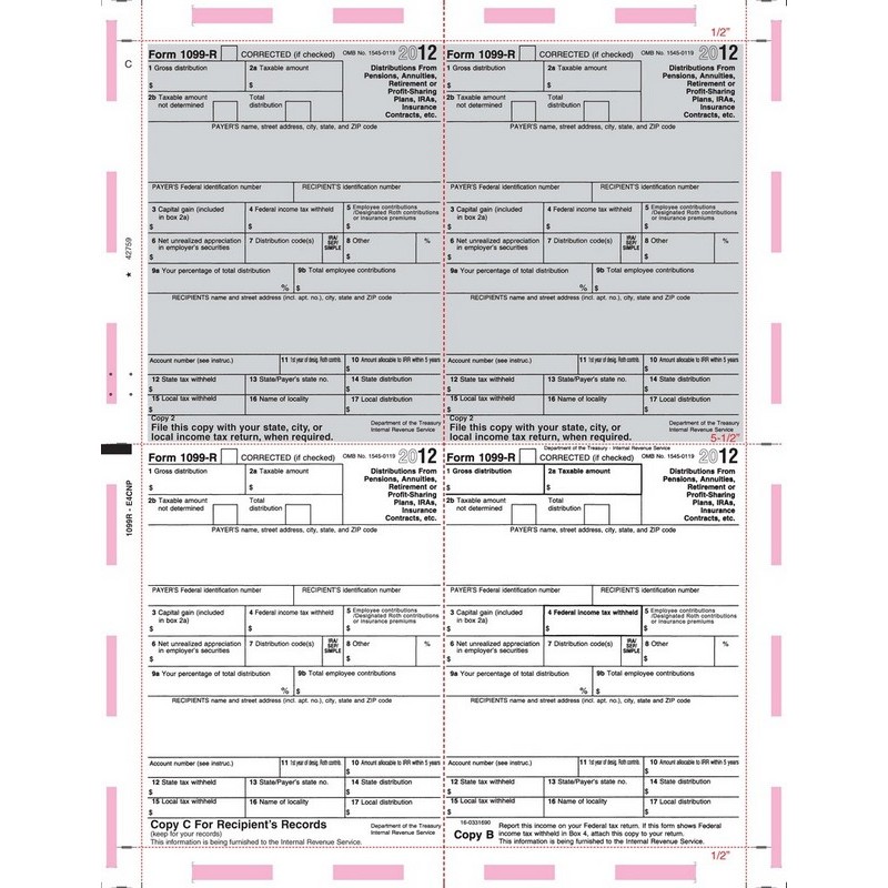 8-1/2" x 11" V Fold 1099 R Tax Forms (Box of 500)