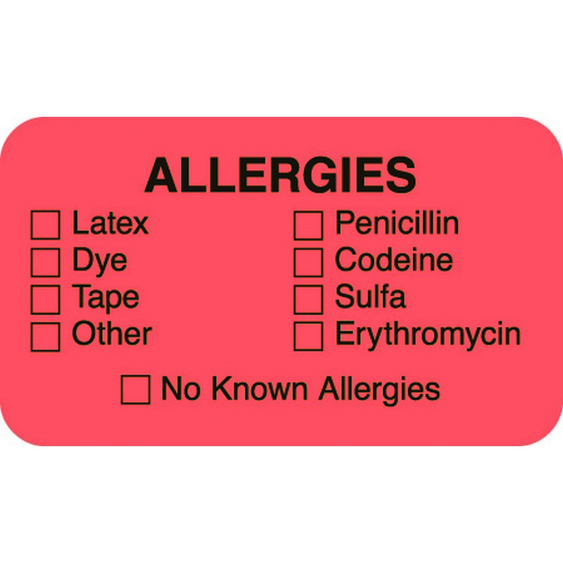 Allergy Warning Labels, Allergies - Fl Red, 1-1/2" X 7/8" (Roll of 250)