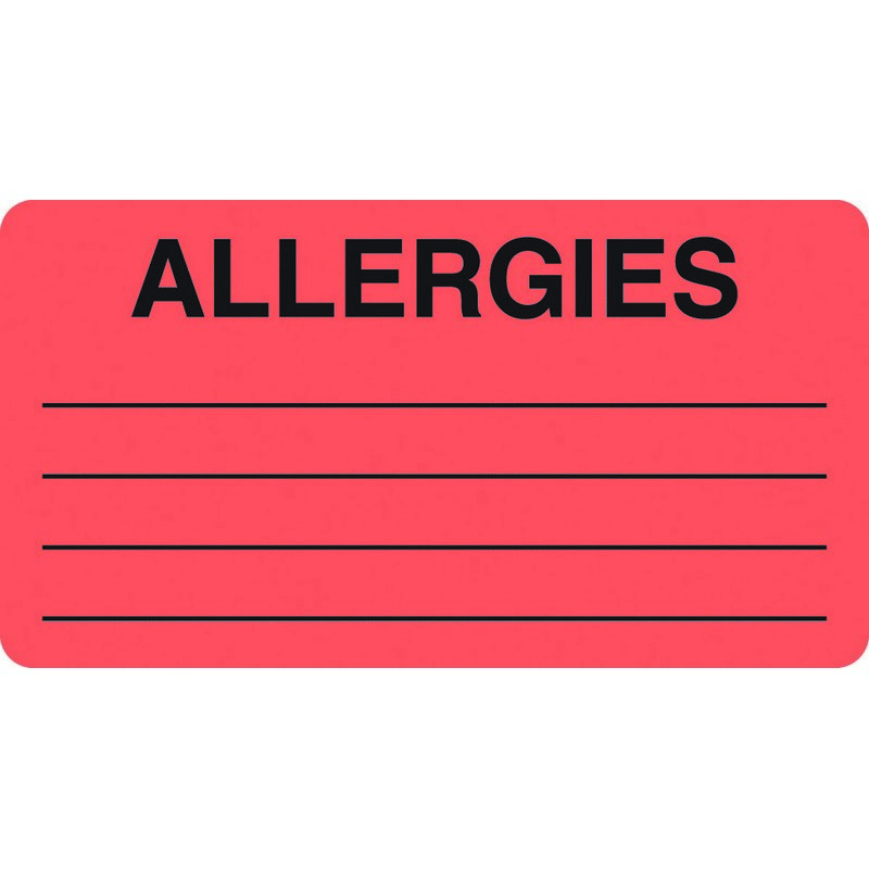Allergy Warning Labels, ALLERGIES - Fl Red, 3-1/4" X 1-3/4" (Roll of 500)