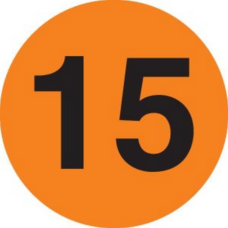 1" Diameter number 15 circle labels (500 per Roll)