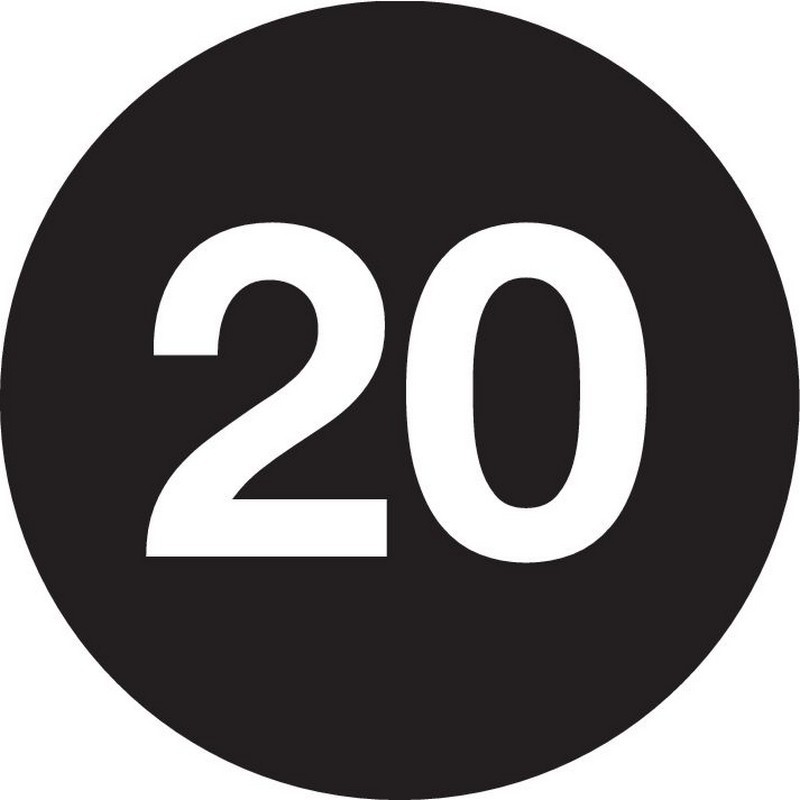 Number 20 Black Circle Labels, 1” Diameter – 500/Roll