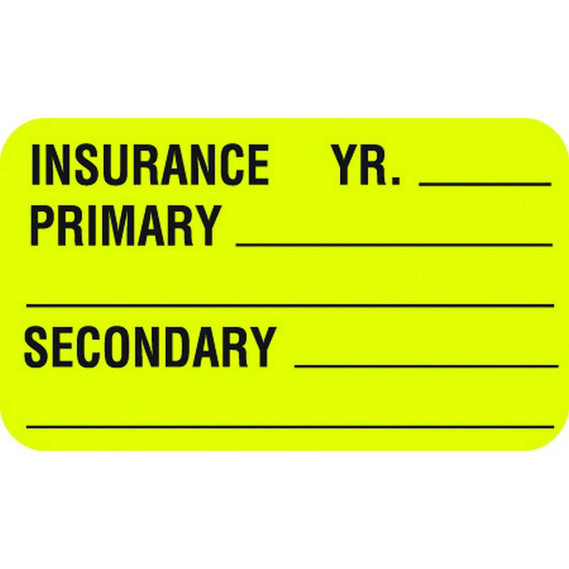 Insurance Labels, INSURANCE PRIMARY_ SECONDARY_ - Fl Chartreuse, 1-1/2 ...
